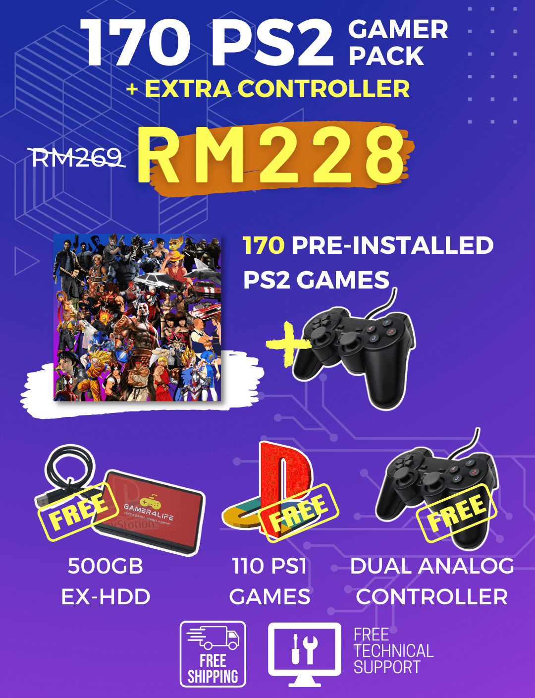 170 PS2 GAMER PACK + EXTRA CONTROLLER